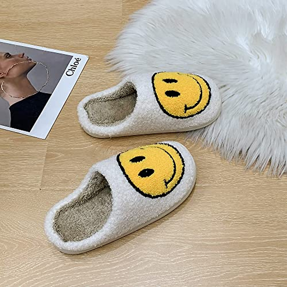PLMOKN Smile Face Slippers,Retro Soft Plush Lightweight House Slippers Slip-on Cozy Indoor Outdoor Slippers,Slip on Anti-Skid SoleWhite01 10-11Women/9-10Men