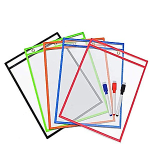 MerceHygea Heavy Duty Dry Erase Ticket Holder Pockets Reusable Paper Sleeves Sheet Protectors for Classroom Home Office,3 Dry Erase Markers Included,10x13 Inch,Pack of 5
