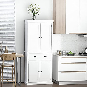 HOMCOM 72" Traditional Freestanding Kitchen Pantry Cupboard with 2 Cabinet, Drawer and Adjustable Shelves, White