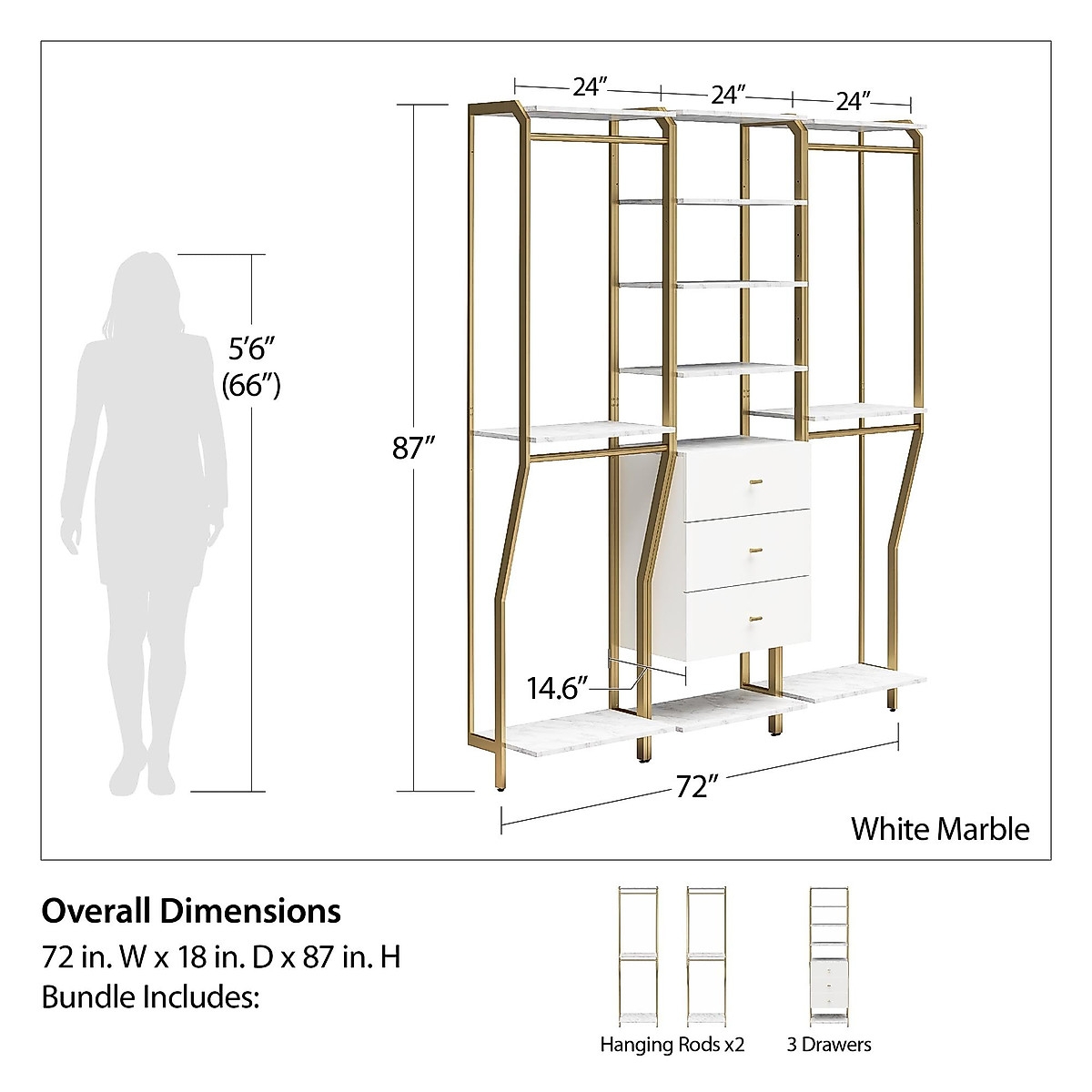CosmoLiving by Cosmopolitan Gwyneth Closet 3 Piece Bundle- 2 Hanging Rod & 1 Drawer Unit, White Marble