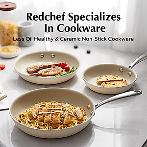 Redchef Ceramic Non Stick Egg Pans, Nonstick Frying Pan Skillet, 8 inch Cooking Pan Non Toxic with Stay Cool Handle for Induction, PTFE & PFAS & PFOA Free, Dishwasher/Oven Safe (Cream)