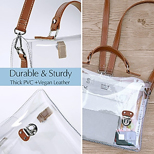 Clear PVC Backpack for Stadium Approved Multifunction Transparent Shoulder Handbag Unisex Messenger Satchel Cross Body Bag (Brown)