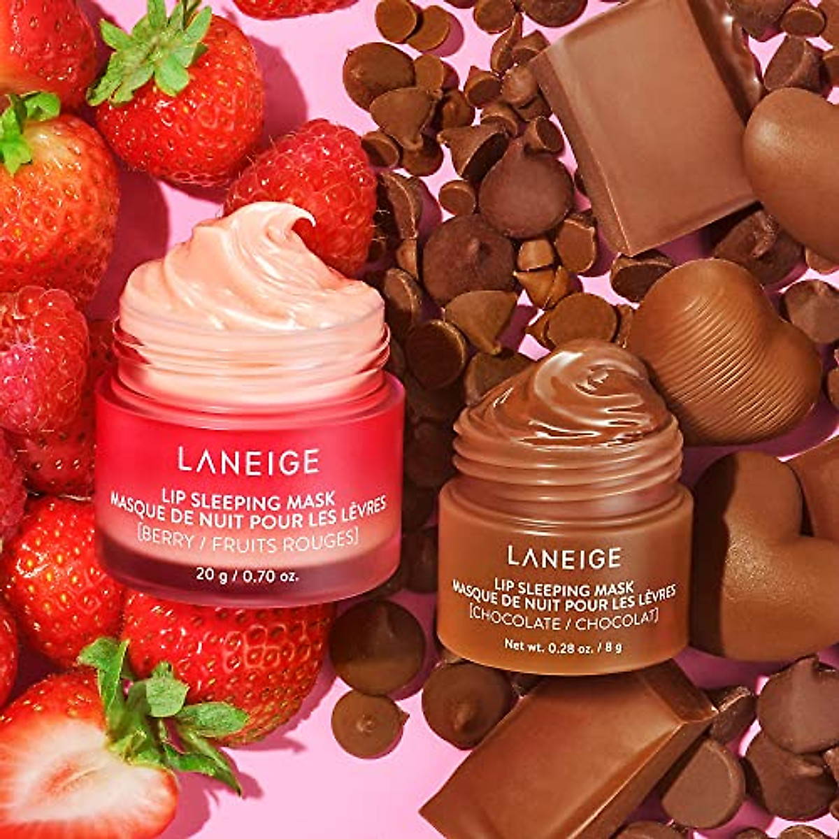 LANEIGE Berries 'N Choco Kisses Set: Lip Sleeping Mask Berry (Full Sized) & Chocolate (Travel Sized), Hydrate, Nourish