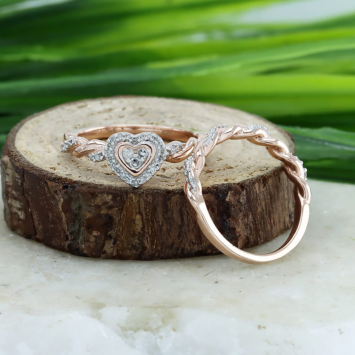 Wishrocks 1/5 Carat Round Cut White Natural Diamond Heart Shape Frame Twist Bridal Ring Set in 14k Rose Gold Over Sterling Silver (0.20 Cttw, Color- I-J, Clarity- I2) Ring Size- 8.5