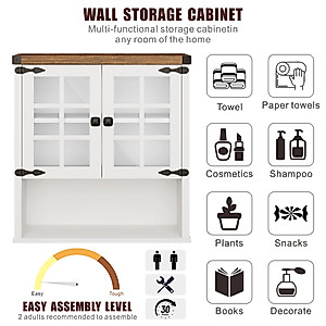 FREDEES Farmhouse Bathroom Wall Cabinet, Over The Toilet Storage Cabinet, Large Medicine Cabinet Organizer with 2 Doors and Shelf for Kitchen, Living Room, 26x29 inch, Antique White