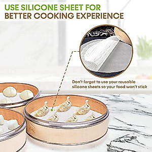 Bamboo Steamer 3 Tiered 9.5" Multifunction Dumpling Vegetable Bun Rice Baskets Steamers Stacking Basket for Efficient Food Steaming and Cooking with Stainless Steel Cook Ring and Silicone Sheet Liner