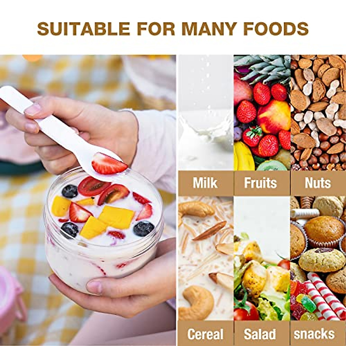 Overnight Oat Containers with Lids and Spoons 2PCS, 20oz Portable Plastic Yogurt Jars, Leak-proof Large Capacity Dessert Cups for Yogurt Breakfast On The Go Cups, Oatmeal Jars Snack Containers