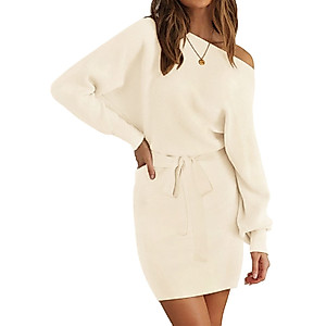 MEROKEETY Women's Off Shoulder Batwing Sleeve Sweater Dress Ribbed Knit Bodycon Mini Dresses with Belt,Beige,M