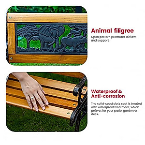 Outdoor Garden Bench Patio Bench for Kids, Porch Bench with Animals Style Back and Cast Iron Armrest Park Bench Metal Wood Bench Weather Proof Outside Patio Furniture for 1-5 Teenagers Children
