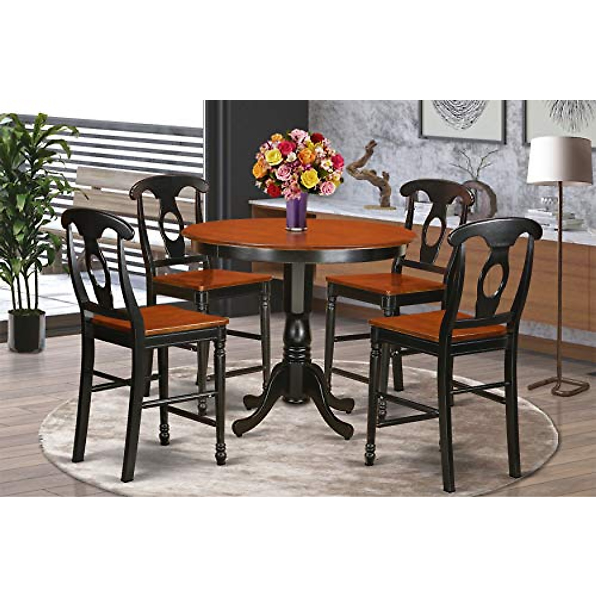 East West Furniture TRKE5-BLK-W 5 Piece Kitchen Counter Height Dining Table Set Includes a Round Dining Room Table and 4 Wooden Seat Chairs, 42x42 Inch, Black & Cherry