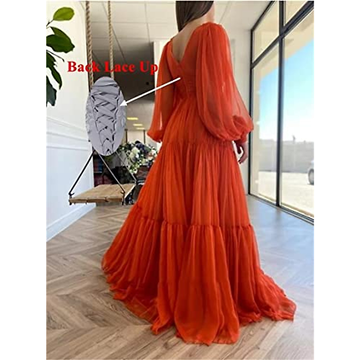 Women's Puffy Tulle Formal Evening Party Gowns Long Sleeve Princess Dress V Neck Ruched Prom Dresses White