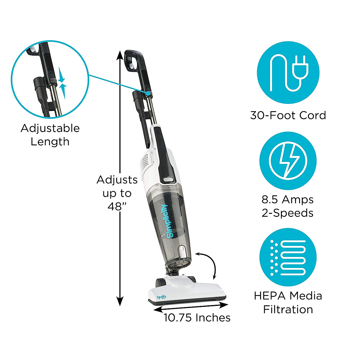 Simplicity Vacuums Corded Stick Vacuum Cleaner, Powerful Bagless Vacuum for Hardwood Floors with Two Speeds, Certified HEPA Filtration, S60 Spiffy