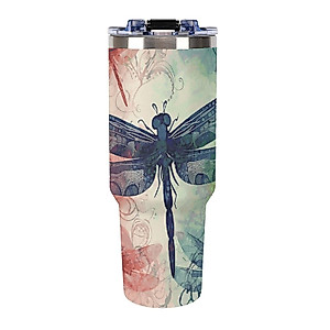 FZQVSGW Modern Dragonfly 40 Oz Tumbler with Handle And Straw Stainless Steel Vacuum Insulated Tumblers Reusable Keep Drinks Cold Coffee Cup Holder Friendly Gifts for Women Men Car Gym Travel