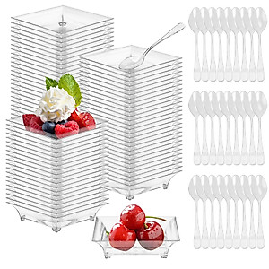 GothaBach 100 Sets 2.4'' Mini Dessert Plates with Tasting Spoons, Clear Disposable Mini Plastic Tray, Mini Square Plastic Dish for Sauce, Dessert, Fruit or Appetizer