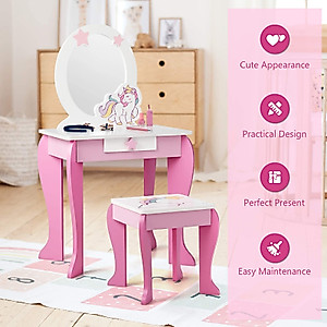 KOTEK Kids Vanity with Mirror and Stool, 2 in 1 Wooden Princess Makeup Dressing Table Set w/Detachable Top & Storage Drawer, Pretend Play Vanity Table Set for Girls (Pink Star)