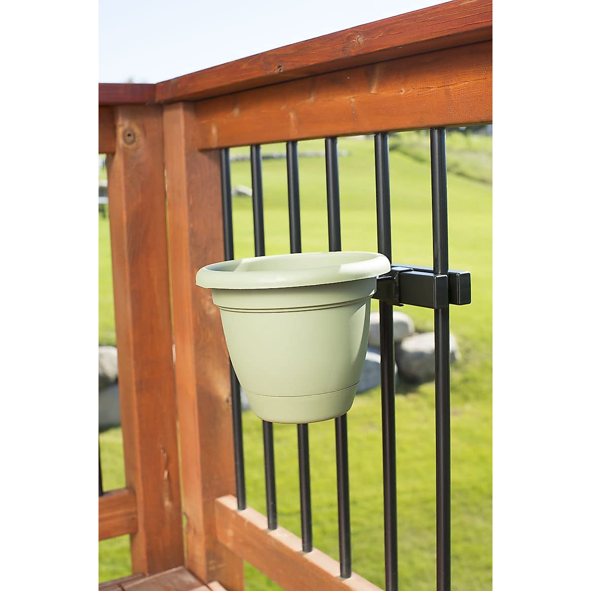 Deck Railing Plant Container Holder/Bracket Kit for Round Pot Planters (10") Connects Harmlessly to Vertical Spindled Railings - Adjustable Height - Heavy Duty Plant Hanger