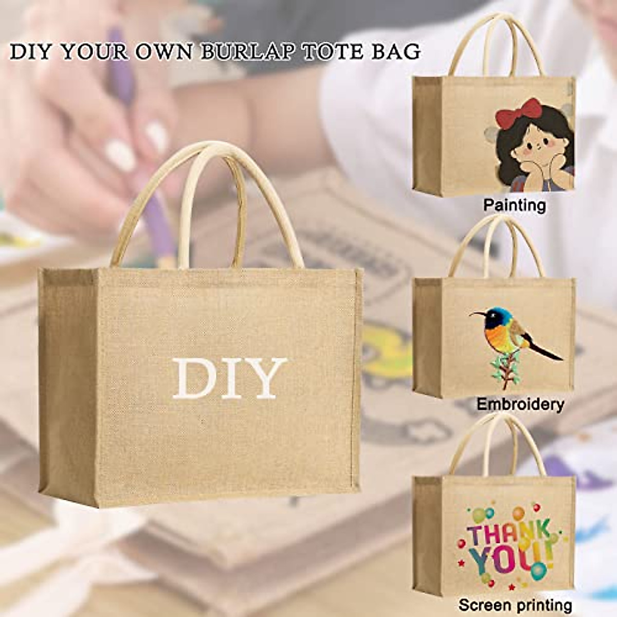 10 Pack Jute Bag Large Burlap Tote Bag Jute Tote Bags with Handles 15.3x 12.2x 5.9inch Jute Gift Tote Beach Bag for Bridesmaid Wedding Shopping Grocery Travel Mother's Day Teacher DIY