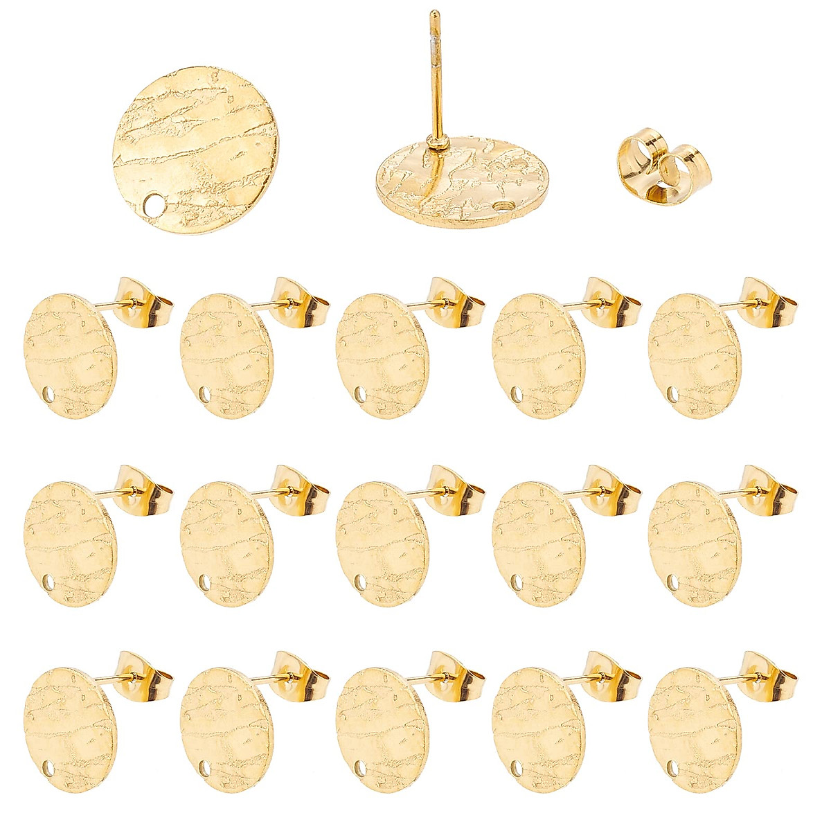 UNICRAFTALE 40pcs Golden Textured Flat Round Stud Earring Findings Circle Disc Stainless Steel Earring Post with Loop Blank Earring Studs with Ear Nuts 1.4mm Hole