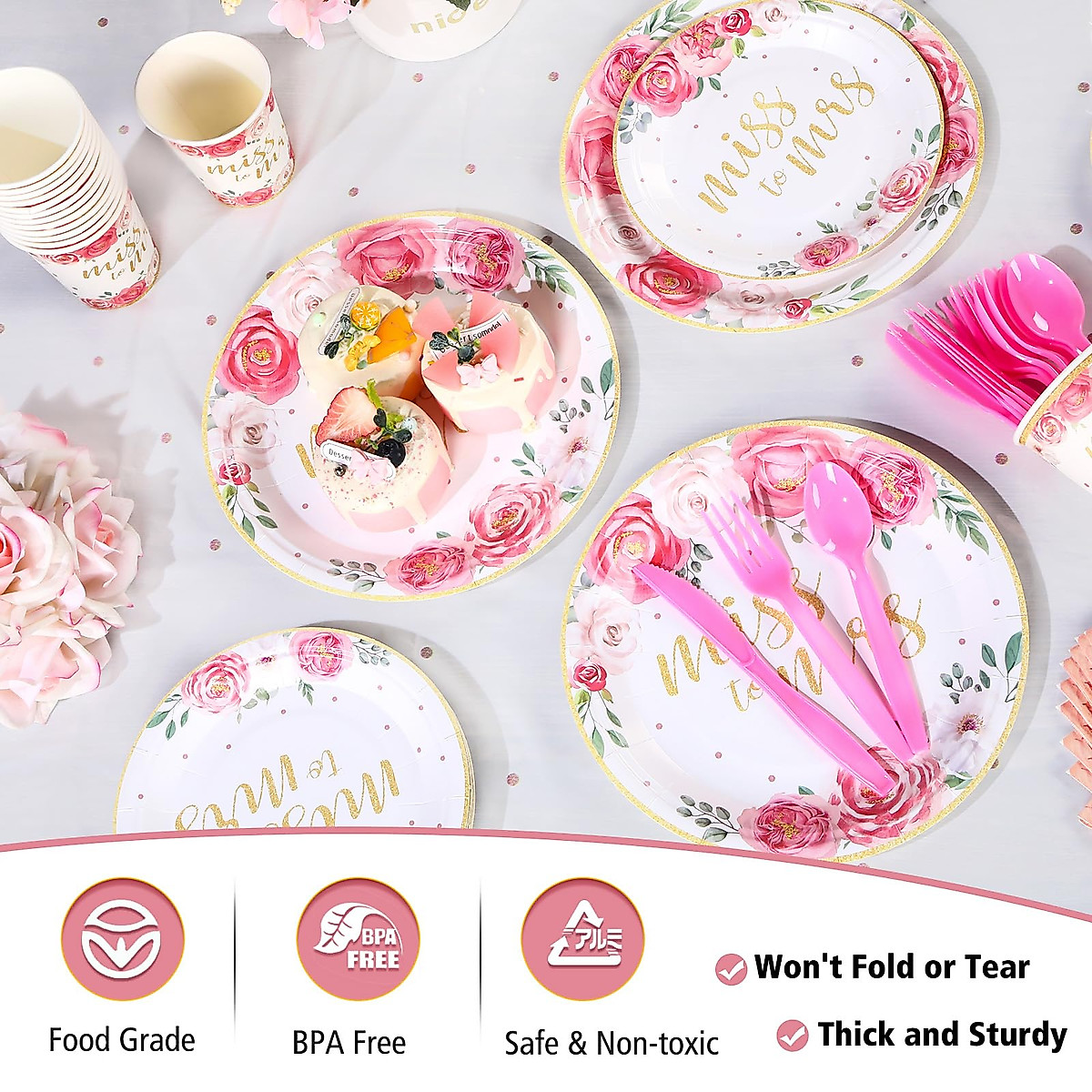 Zhehao 170 Pcs Bridal Shower Floral Party Supplies Miss to Mrs Plates and Napkins Rose and Gold Disposable Paper Tableware Set Includes Plates Cups Napkins Tablecloth for Wedding Engagement Engagement