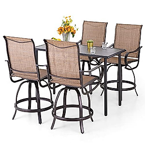 PHI VILLA Patio Swivel Bar Set of 5,Large Metal Table and Barstool with Breathable Fabric,Black Thickened Frame and 360 Degree Swivel Bar Height Chairs for Lawn,Garden