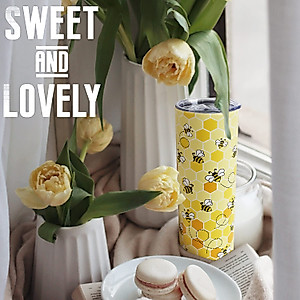 Bee Tumbler with Lid and Straw- Honey Bee Gifts for Women Men - Yellow Bee Coffee Mug, Cup, Skinny Tumbler, Water Bottles- Metal Thermal Insulated Tumblers 20 Oz -Bee themed gifts, Bee keepers Gift