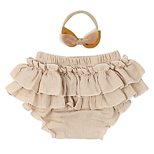 HOOLCHEAN Baby Girls Cotton Gauze Ruffle Bloomer Shorts with Bowknot Headband (Khaki, S: 0-6 Months)