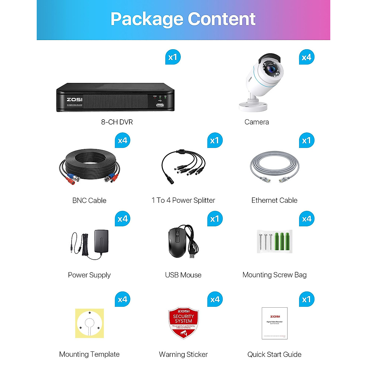 ZOSI H.265+ Full 1080p Home Security Camera System,5MP 3K Lite 8CH CCTV DVR Recorder with AI Human Vehicle Detection, 4 x 2MP Weatherproof Surveillance Bullet Camera Outdoor 80ft Night Vision (No HDD)