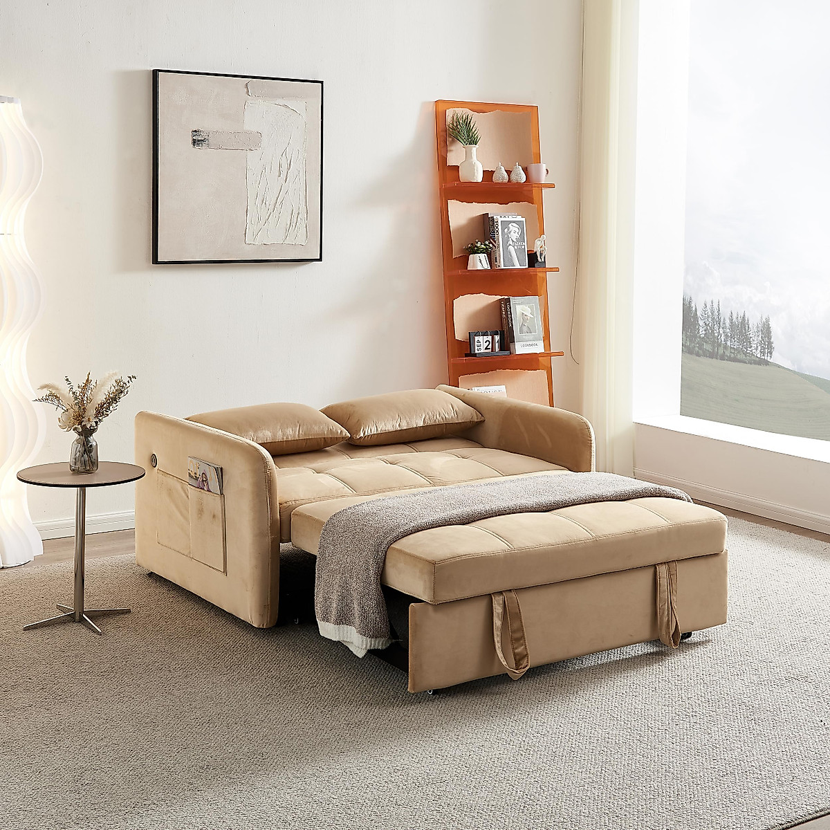 Eafurn 3 in 1 Sleeper Couch Sofa Bed,Convertible Pull Out Loveseat with Adjustable Backrest and Side Pocket,Comfy 2 Seater Love Seat Lounge Futon Sofa & Couches for Living Room Apartment Small Places