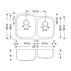 Wells CMU3221-97-16 Craftsmen Series Stainless Steel Kitchen Sink, 32" 60/40, Brushed Matte Finish