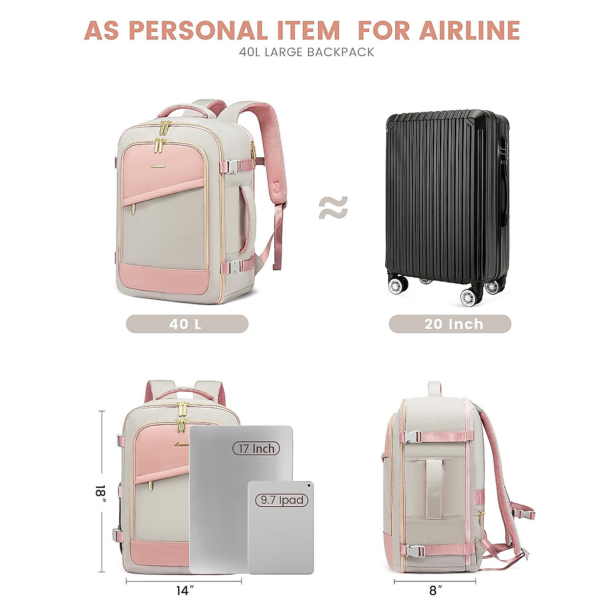 LOVEVOOK Travel Backpack for Women, 40L Carry on Backpack Fits 17 Inch Laptop, Airlines Approved Personal Item Bag, Waterproof Weekender College Business Bags with 3 Packing Cubes, Grey-Pink