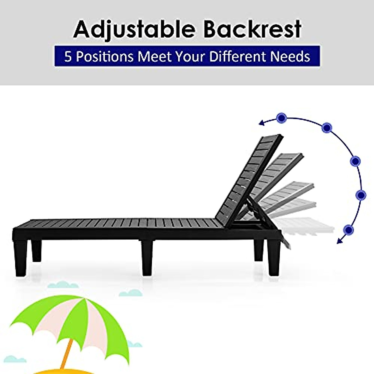 Tangkula Outdoor Chaise Lounge Chair, Lightweight Patio Lounge Recliner Chair with Adjustable Backrest, 5 Reclining Positions Chaise Lounger for Patio, Beach, Balcony, Poolside, Backyard (1, Black)