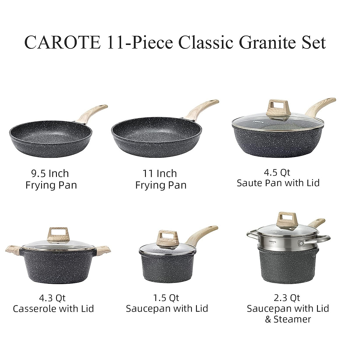Carote Granite Nonstick Cookware Sets, 10 Pcs Pots and Pans Set Nonstick, Healthy Non Stick Induction Stone Cookware Kitchen Cooking Set w/Frying Pans & Saucepan, PFOS, PFOA Free (Brown Granite)
