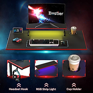 Bestier Gaming Desk with LED Lights 44" Small Computer Desk for Home Office Table with Cup Holder and 2 Headphone Hooks, Black