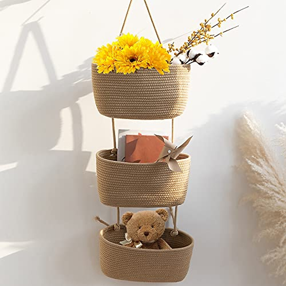 TeoKJ Over the Door Hanging Basket, 3-Tier Woven Cotton Wall-Mounted Storage Organizer Bag Decorative Hanging Kitchen Baskets - Jute