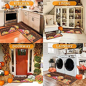 Fall Gnome Pumpkin Decorative Kitchen Rugs and Mats Set of 2, Fall Thanksgiving Gnome Sunflower Maple Leaves Seasonal Decorative Kitchen Mat 17"x47"+17"x30"