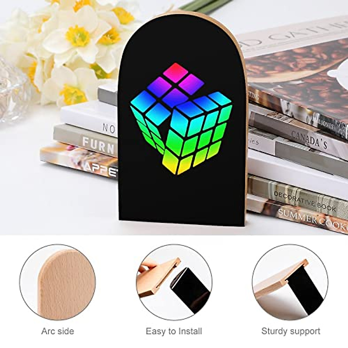 Magic Tie Dye Cube Logo Wood Book Ends for Shelves Non-Skid Bookend Book Stand Book Holder Stopper for Home Office School