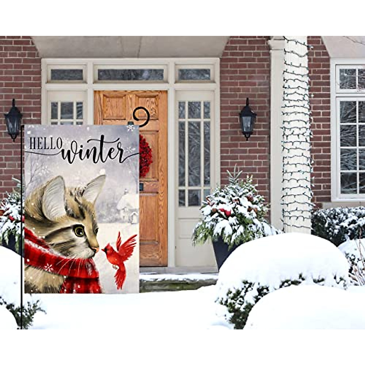 Winter Cat Garden Flag 12x18 Vertical Double Sided Cardinal Bird Snow Christmas Holiday Outside Decorations Burlap Yard Flag BW230
