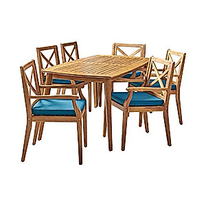 Christopher Knight Home Harvey Outdoor 7 Piece Acacia Wood Dining Set, Teak Finish/Blue