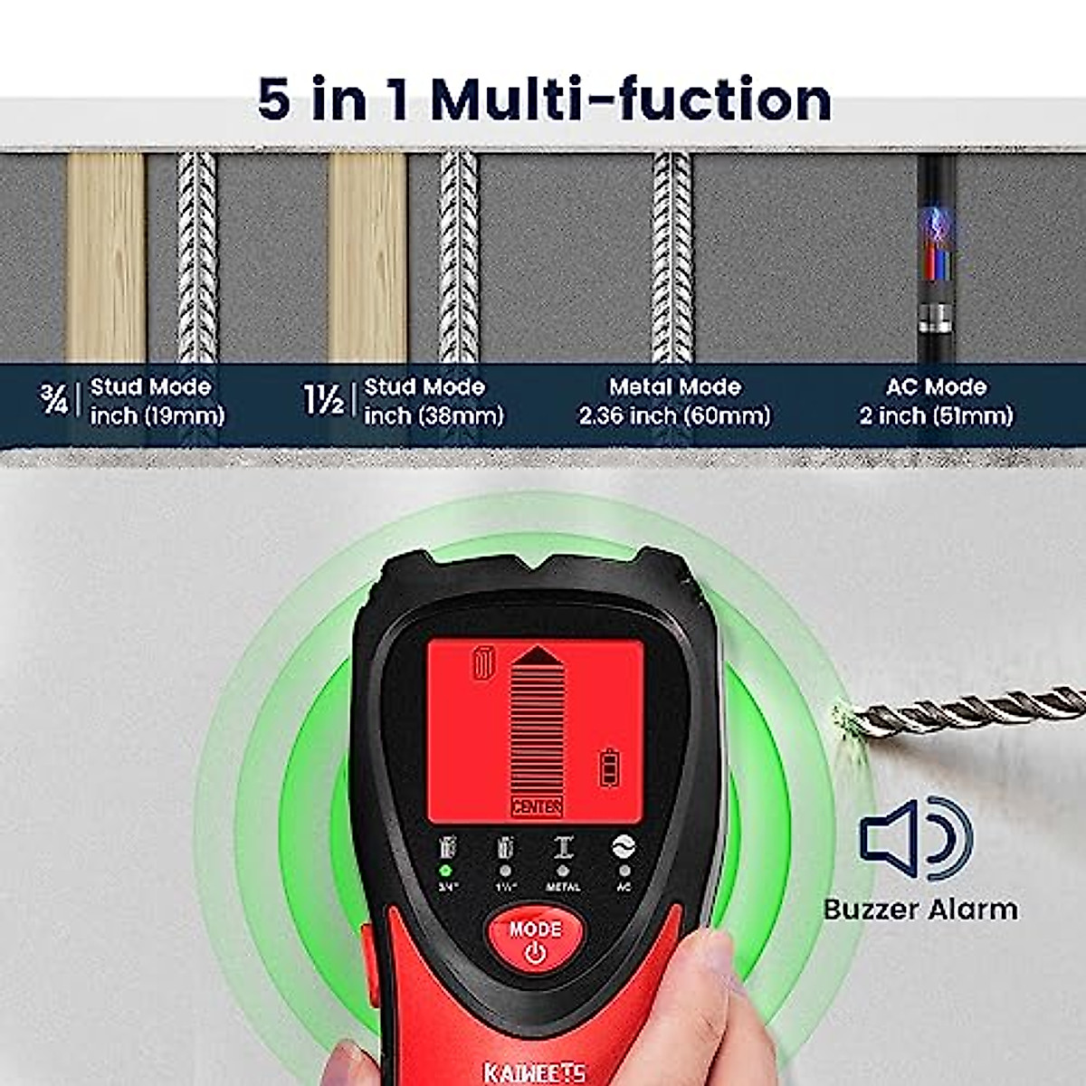 KAIWEETS Stud Finder Wall Scanner, 5 in 1 Electronic Stud Detector with Tricolor Backlight and Audio Alarm, Stud Sensor Beam Finders for the Center and Edge of Wood, AC Wire, Metal and Studs Detection