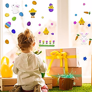 4Pcs Easter Window Clings for Glass Windows, Easter Decorative Gel Window Clings for Kids, Colorful Printed Easter Stickers with Bunny Carrot Egg Chick Flowers Clear Stickers, Removable Holiday Decals