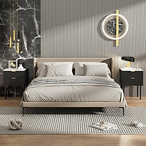 Anbuy Black Marble Nightstands Set of 2 with Gold Handle, Striped Night Stand with Drawers, End Side Table with Faux Marble Top, 2 Drawers End Table Metal Legs for Bedroom, Living Room