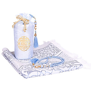 Prien Prayer Rug with Tasbih Bag for Pray, Muslim Gifts Bayram, Mat Salah, Sajadah for Women & Men, Islamic Gift Set for Islam Ramadan, Prayer, Praying, Eid, Quran (Blue)