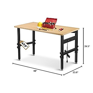 48" Adjustable Work Bench Garage Workbench with Power Outlets, 2200 Lbs Capacity Hardwood Top Work Bench Table Heavy-Duty Workbench for Garage, Workshop, Office, Home