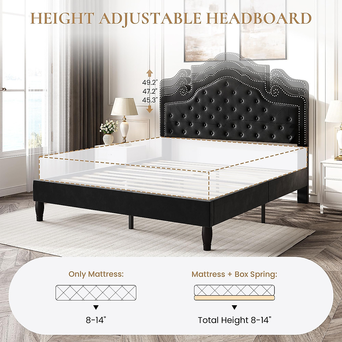 SHA CERLIN Queen Bed Frame with Adjustable Headboard/Velvet Upholstered/Diamond Button Tufted and Metal Studs/No Box Spring Needed/Wood Slat Support/Easy Assembly/Black