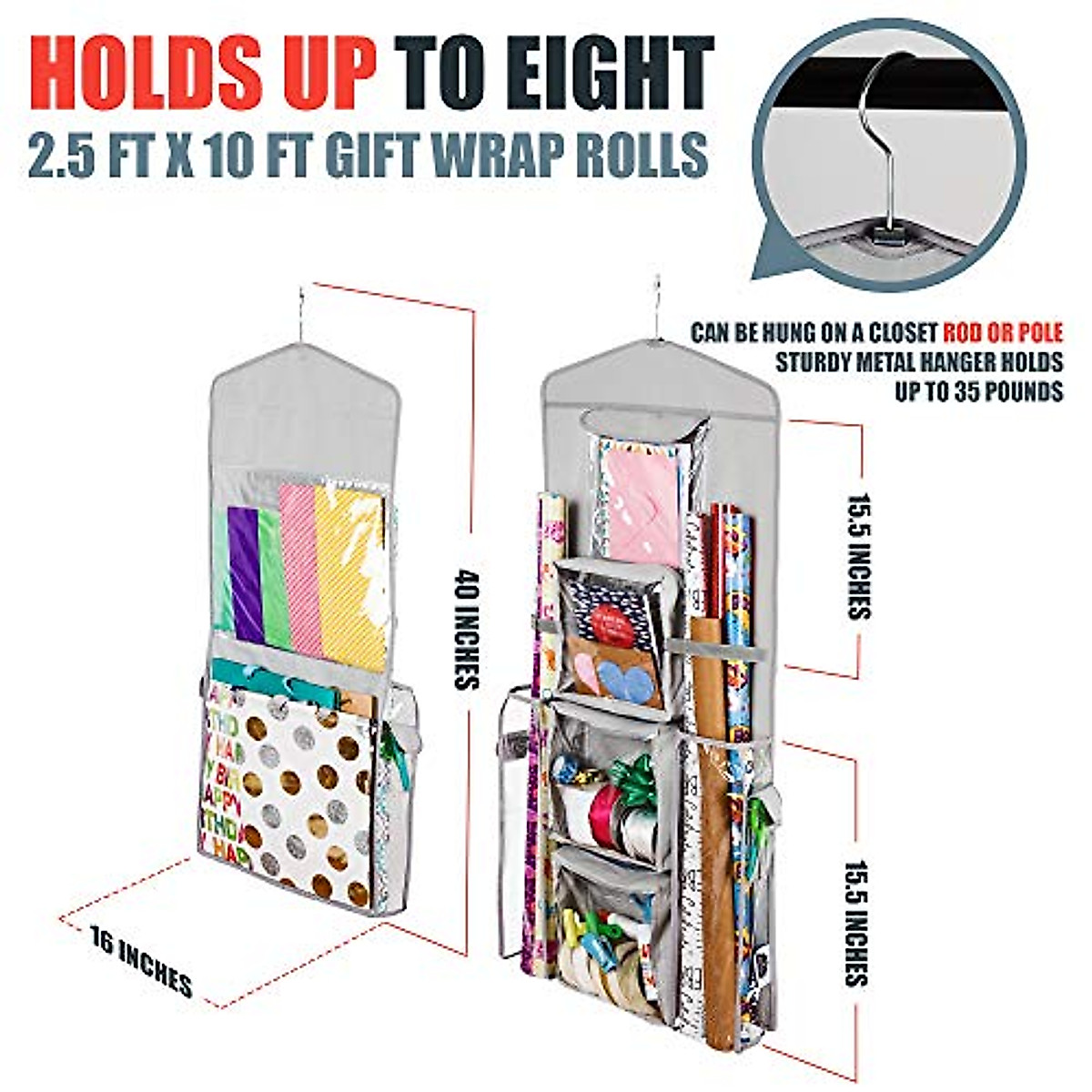 Regal Bazaar Double-Sided Hanging Gift Bag and Gift Wrap Organizer (Light Grey)