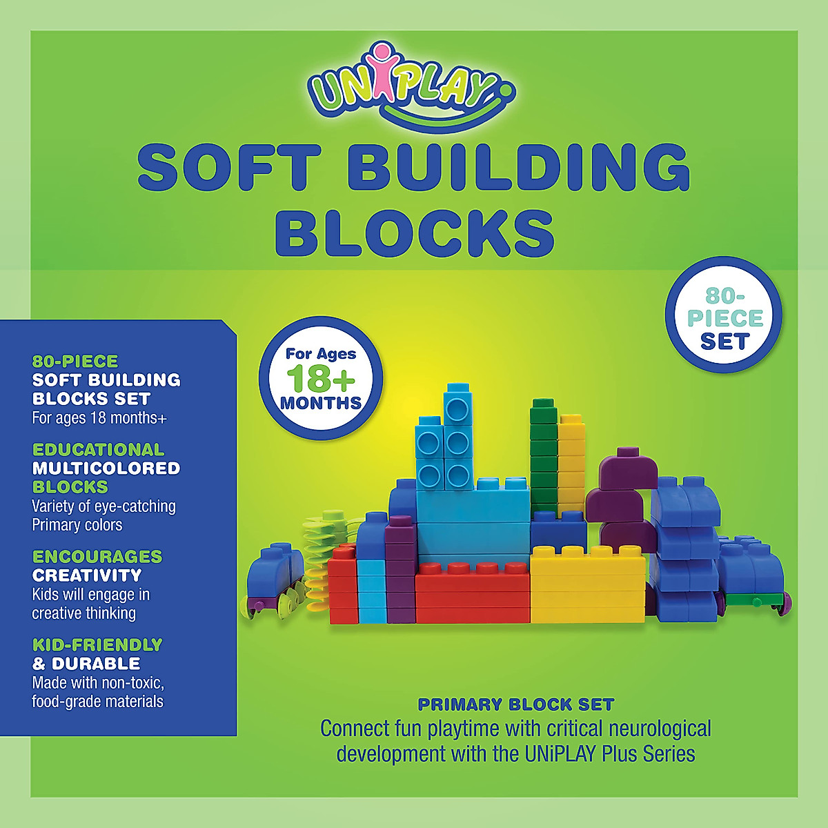 UNiPLAY Plus Soft Building Blocks — Creativity Toy, Educational Play, Cognitive Development, Early Learning Stacking Blocks for Infants and Toddlers, Primary (80-Piece Set)