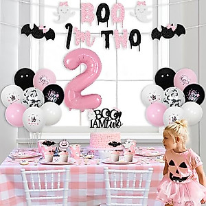 Halloween 2nd Birthday Decorations Girl, Boo I’m Two Banner & Cake Topper, Black Pink White Balloon Garland Arch Kit with 3D Bat Wall Stickers Number 2 Ghost Foil Balloons for Second Bday Party