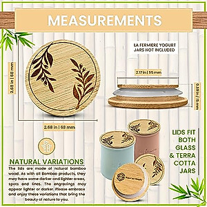 La Fermiere Yogurt Jar Tops – Olive Branches Design or Choose a Design – 4-pcs Wood Lids Set With Extra Silicone Sealing Rings - Perfectly Airtight Fit