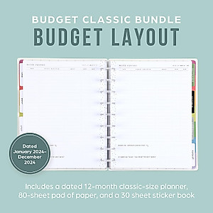 Happy Planner 12 Month Planner Box Bundle– Jan 2024 – Dec 2024 – Budget Layout – Includes 12 Month Dated Classic Size Planner, Block Pad Paper & 30 Sheet Sticker Book – Bright Budget Theme