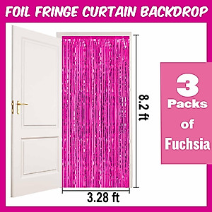 3 Pack Fuchsia Foil Fringe Curtains Backdrop, 3.28 x 8.2 Ft Metallic Streamers Tinsel Curtains Background for Photo Booth, Birthday, Halloween, Christmas, Thanksgiving, New Year Party Decorations